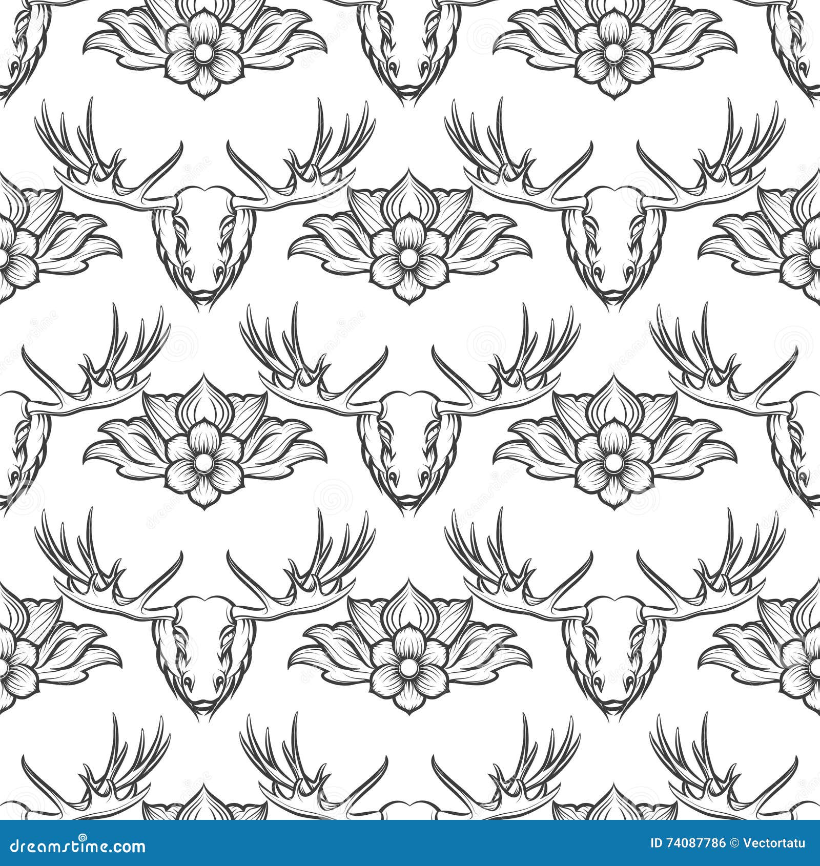 Seamless Pattern with Elk and Flowers Stock Vector - Illustration of ...