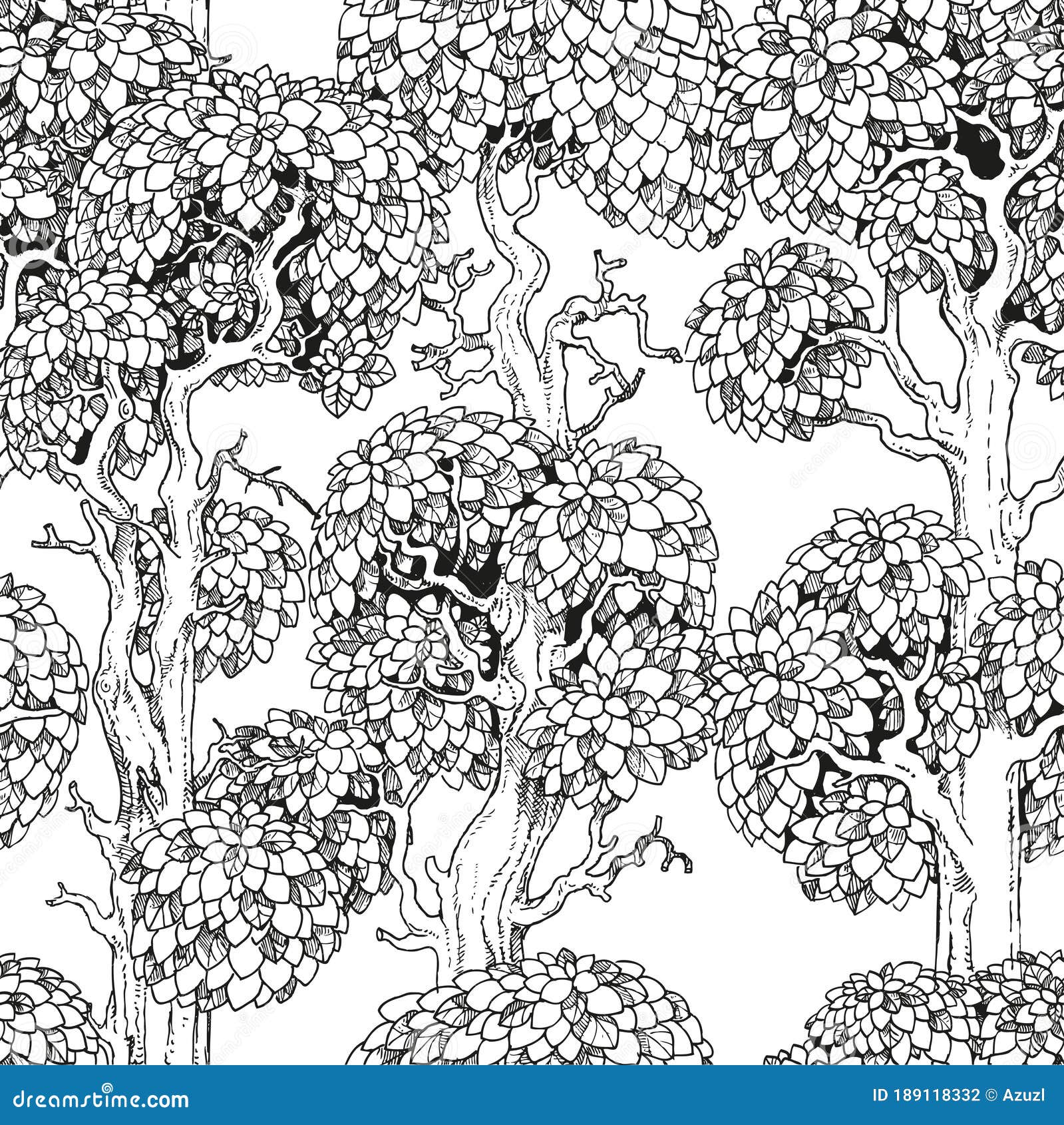 Seamless Pattern of Enchanted Old Trees Graphic Draw Black and White ...