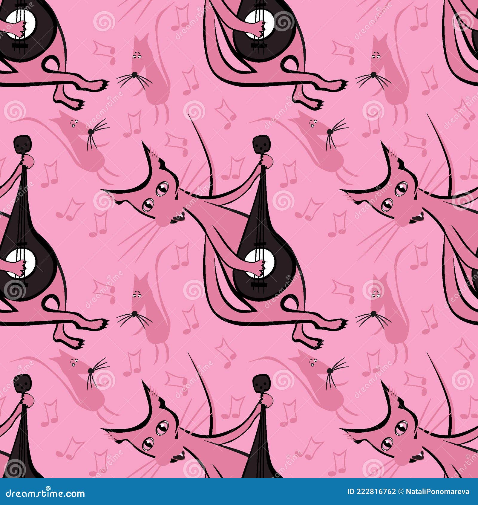 Seamless Pattern, Endless Texture on a Square Background - Cat with Guitar and Dancing Mice ...