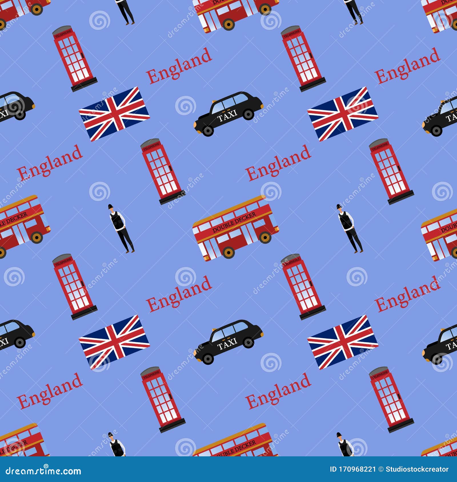Seamless Pattern of England with Taxi, Telephone Box, Policeman ...