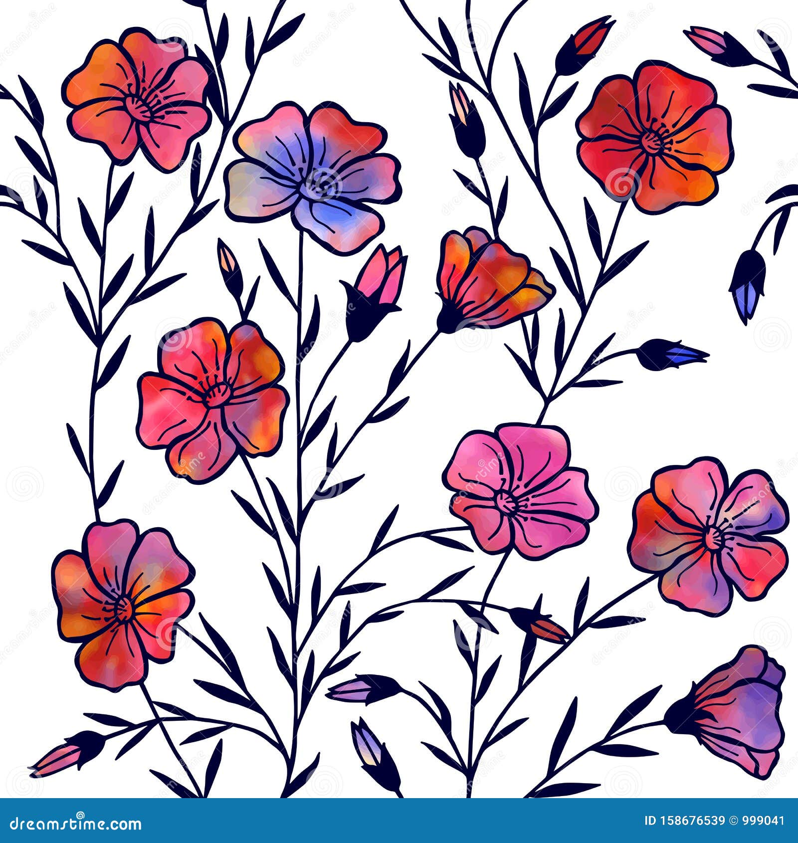 Seamless Pattern, Eps10 Vector Illustration. Flax Flowers. Hand Drawing ...