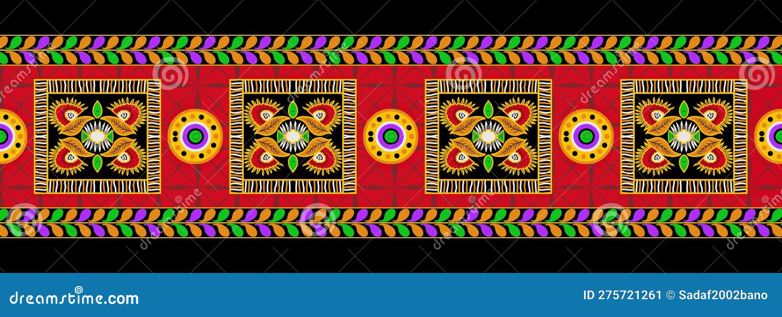 Seamless Pattern with Ethnic Borders Flowers. Vector Floral ...