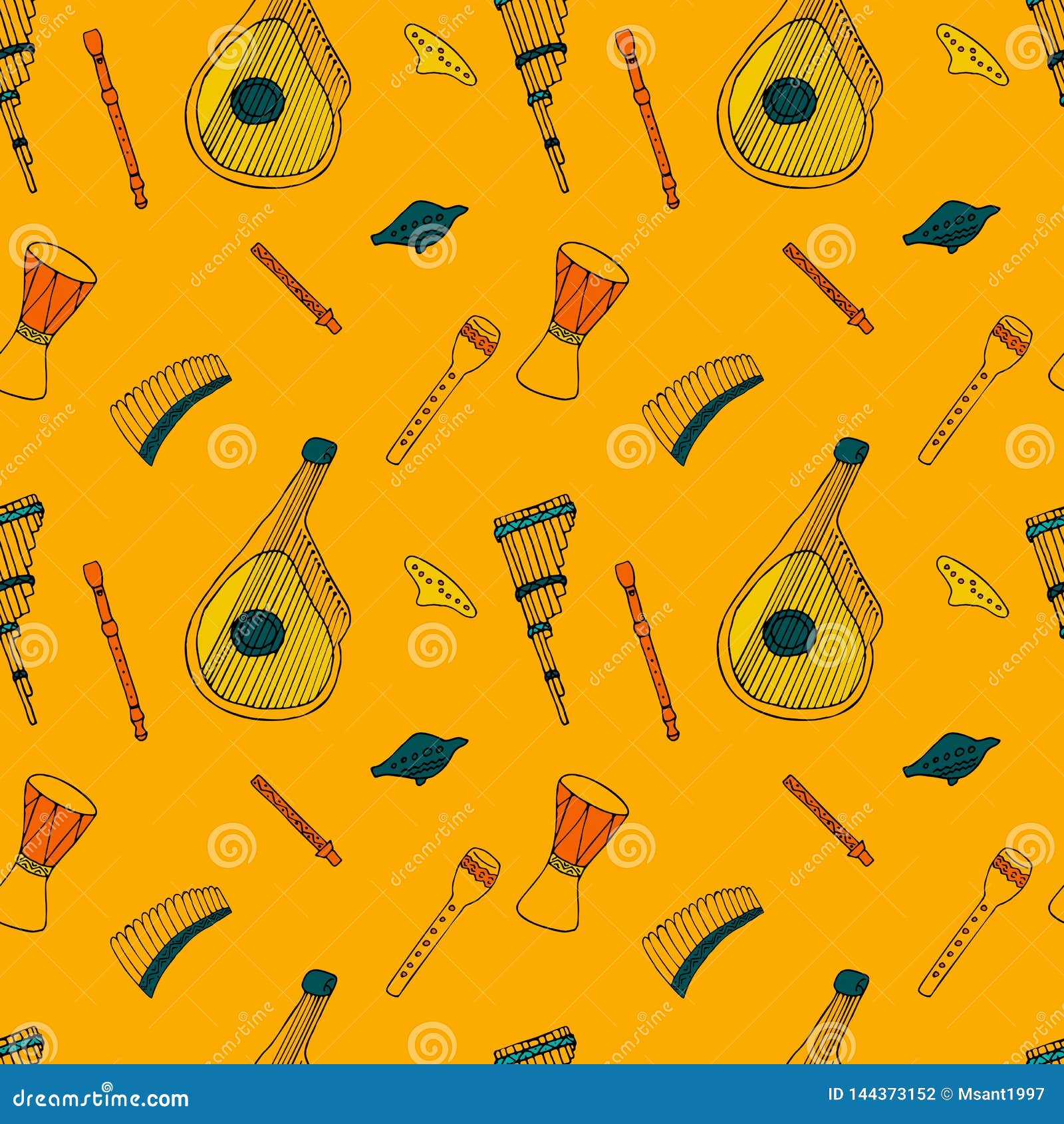 Seamless Pattern with Ethnic Musical Folk Instruments. Stock Vector ...