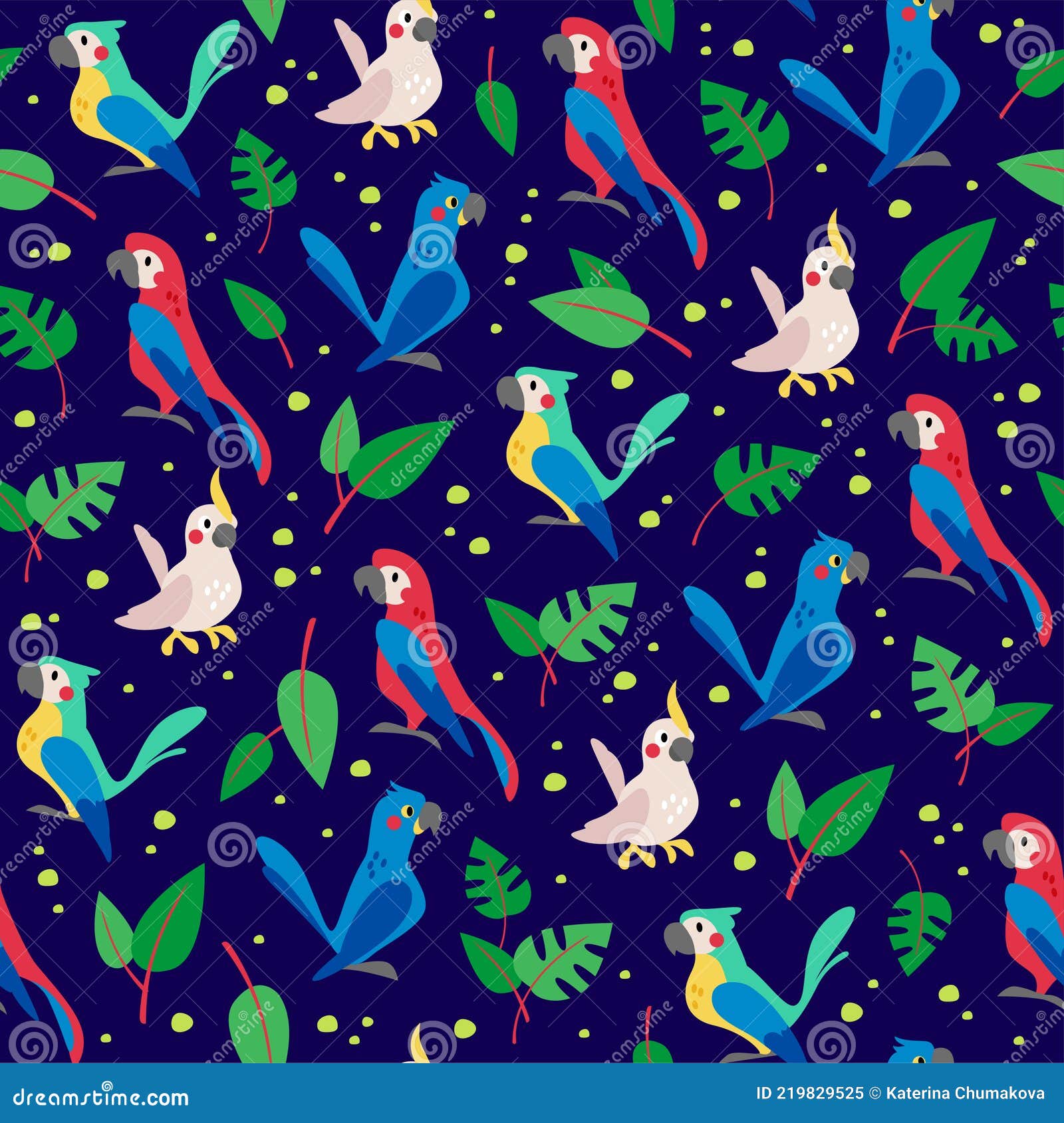 Seamless Pattern with Exotic Birds, Parrots and Leaves Isolated on Dark ...
