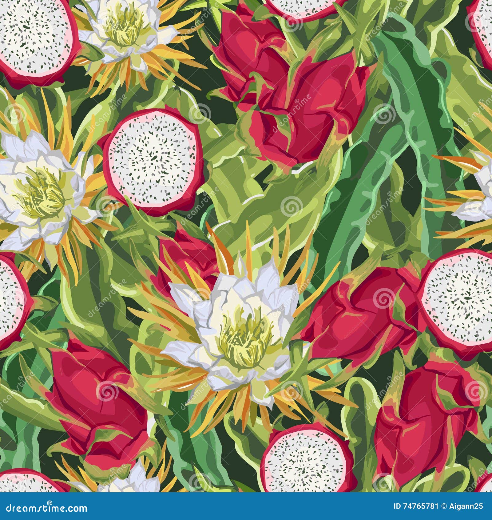 Seamless Pattern of Exotic Fruits. Dragon Fruit. Stock Vector ...