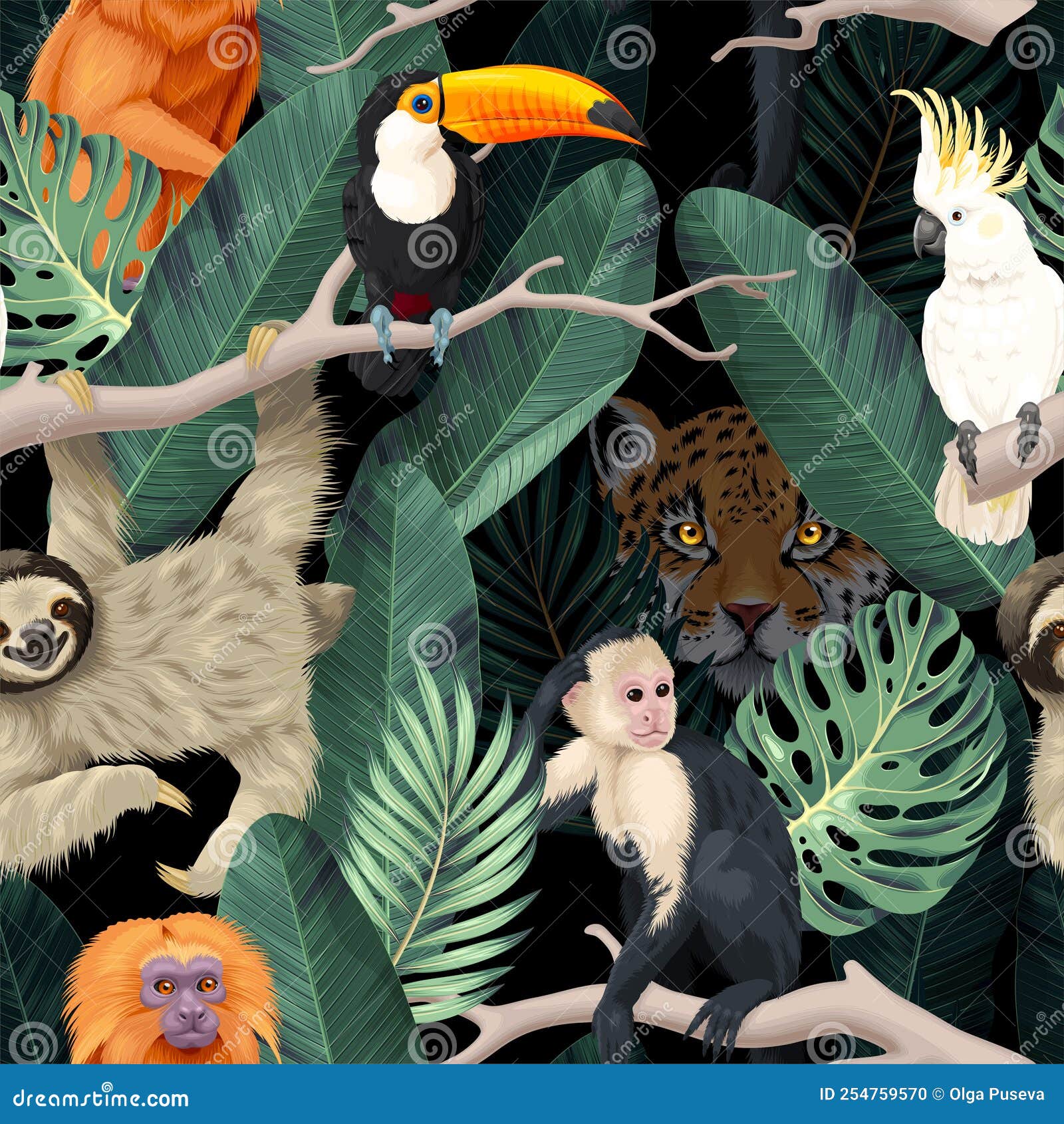 Seamless Pattern with Exotic Trees and Animals Stock Vector ...