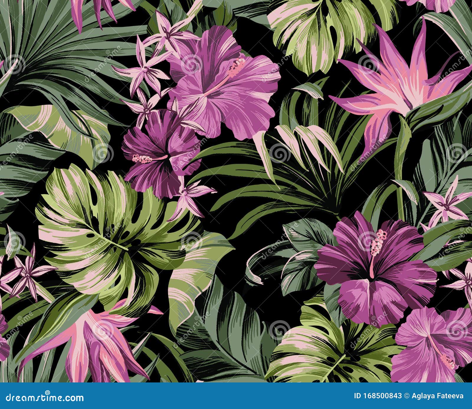 Seamless Pattern Exotic Tropical Flowers In Trendy Colors Stock