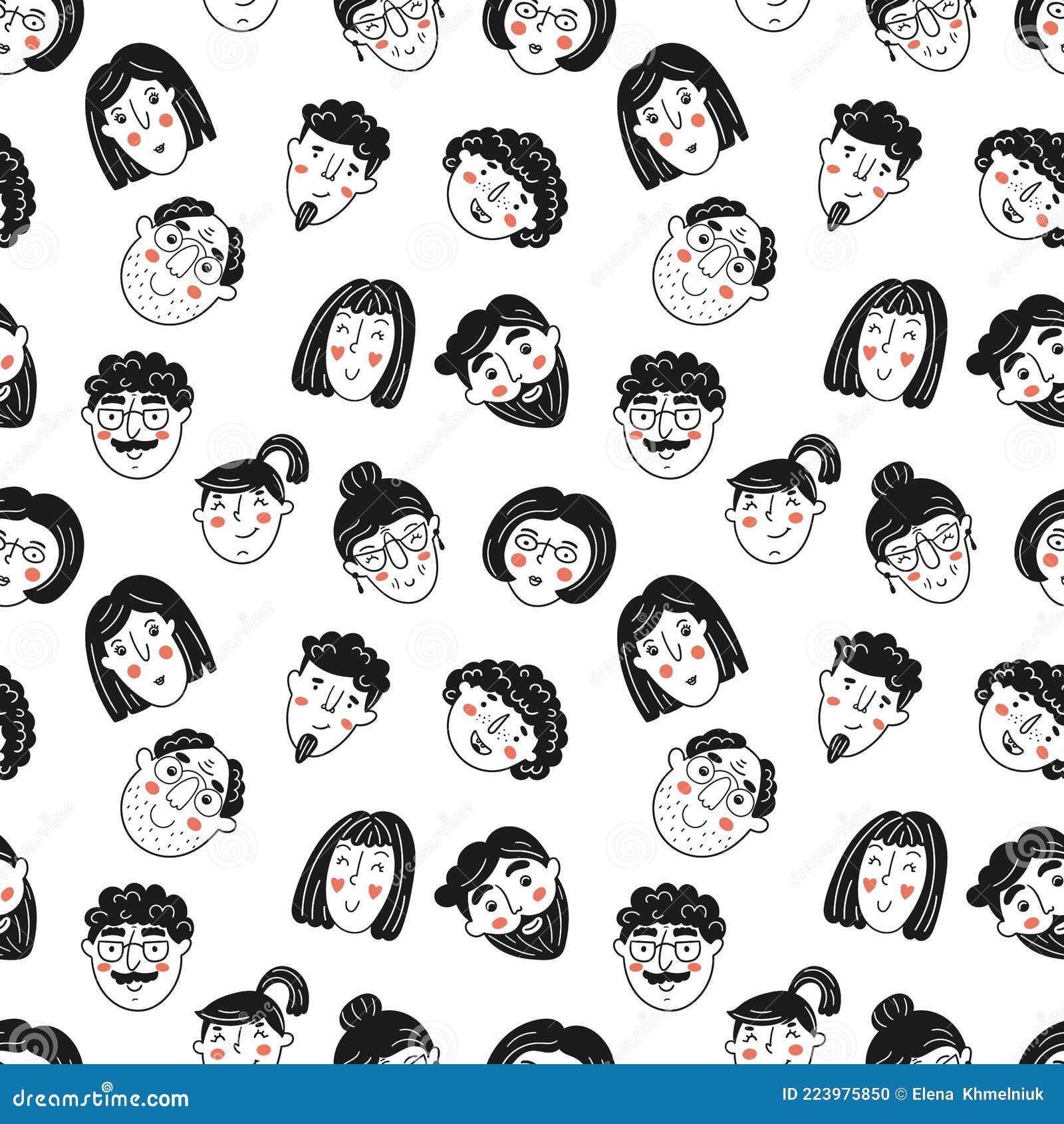 Seamless Pattern with Faces of People Hand-drawn in Doodle Style. Stock ...
