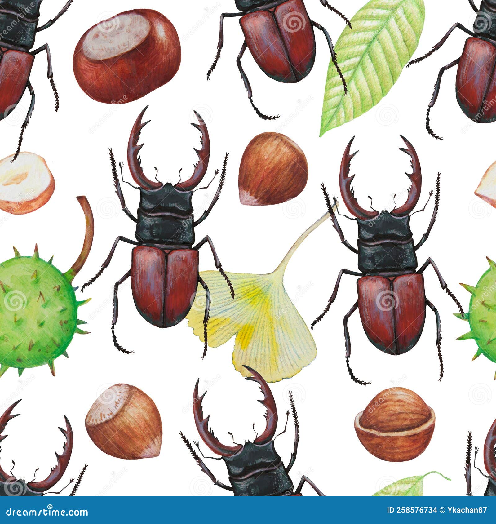 Seamless Pattern with Fall Autumn Elements, Hazelnuts and Chestnuts and ...