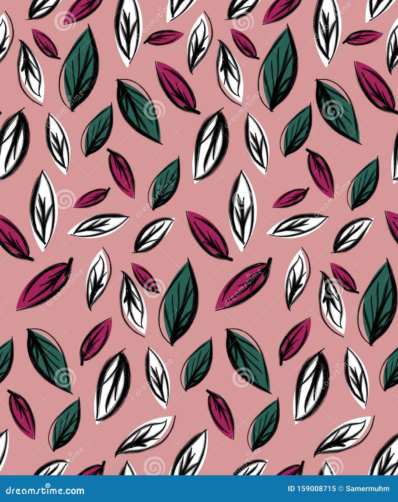 Seamless Pattern of Fall, Autumn Leaves. Hand Drawn Leaf on Dark Pink ...
