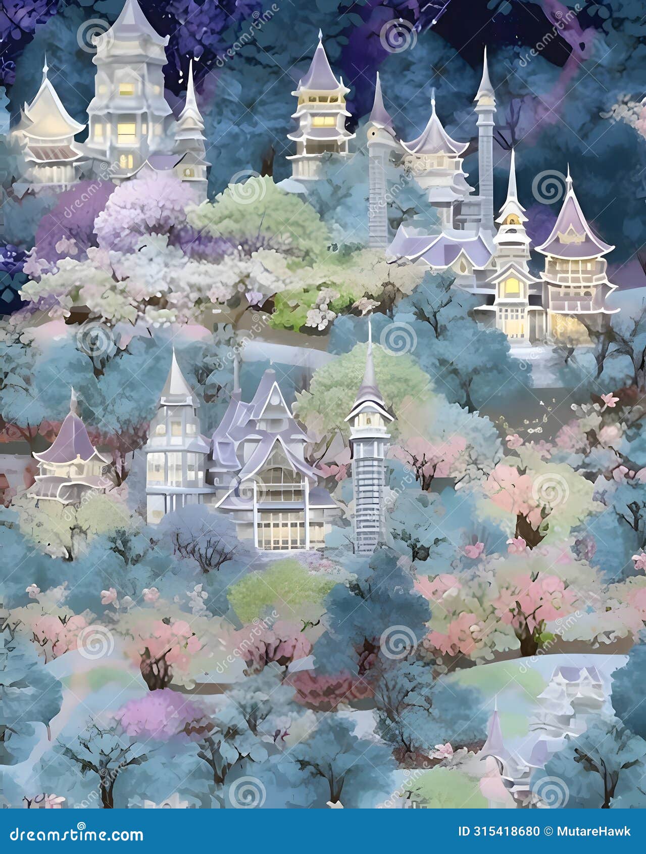 Seamless Pattern with Famous Castles and Cherry Blossom Trees Stock ...