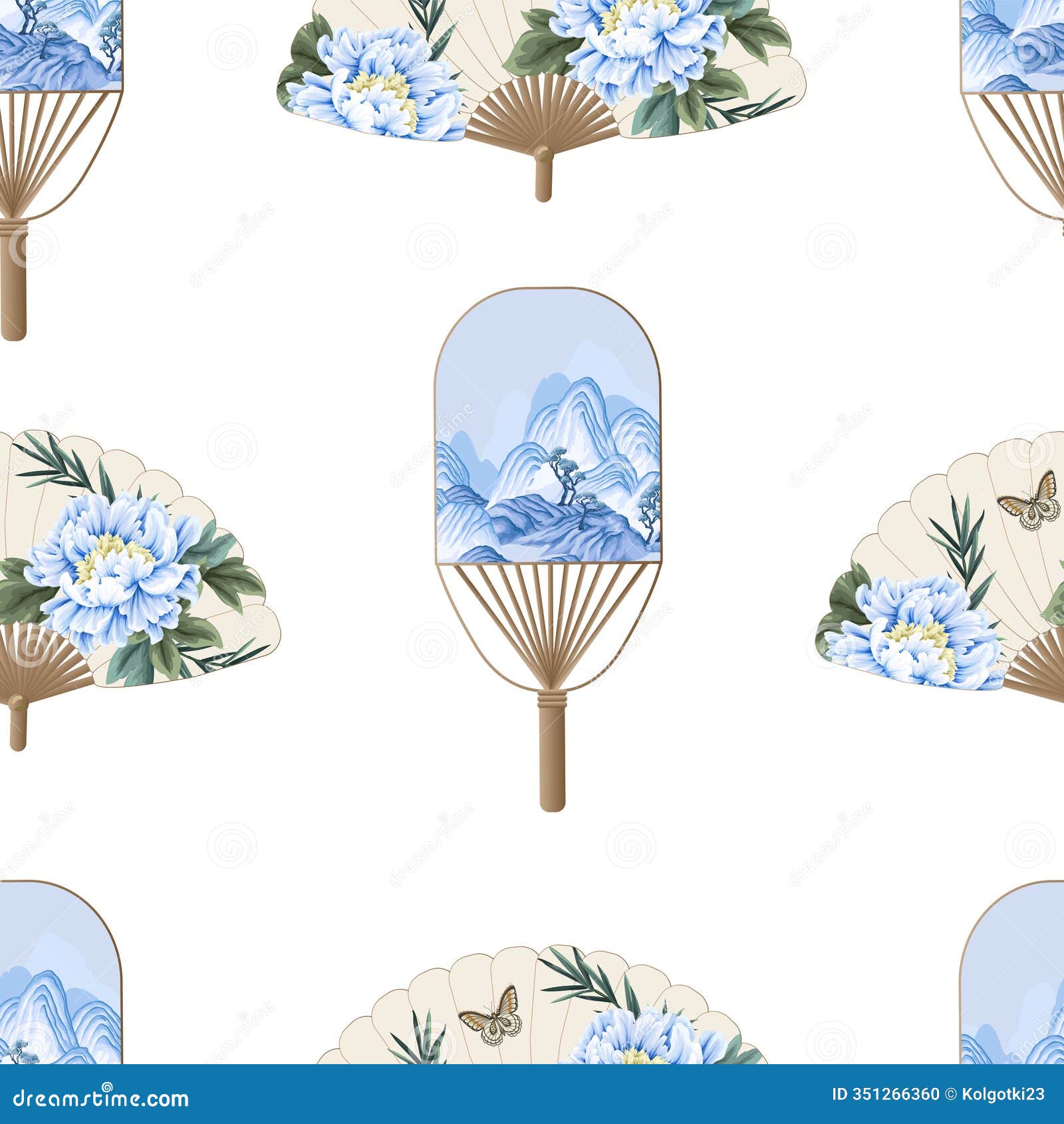 Seamless Pattern with Fans with Chinese Mountanes, Peonies and Birds ...