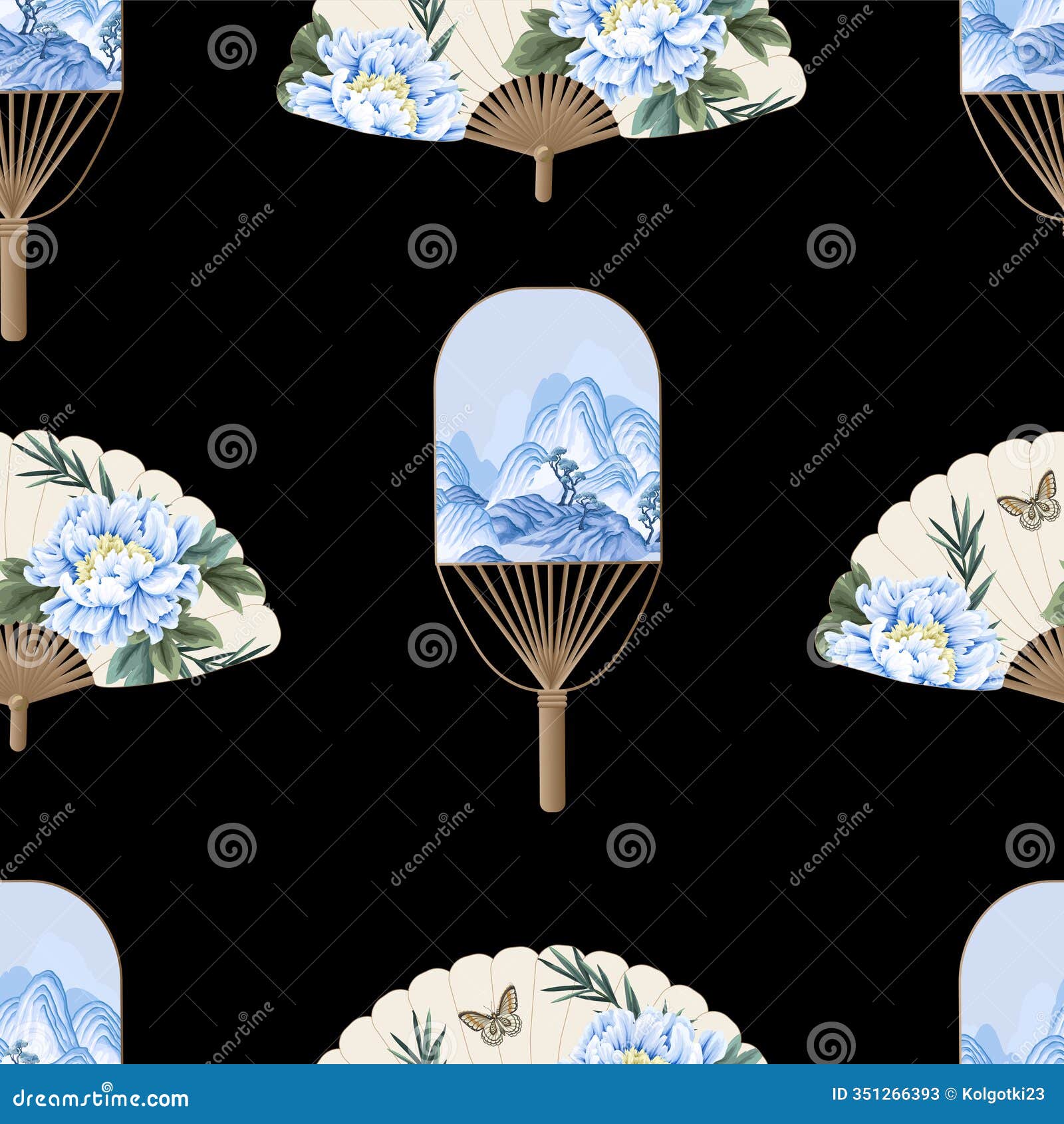 Seamless Pattern with Fans with Chinese Mountanes, Peonies and Birds ...