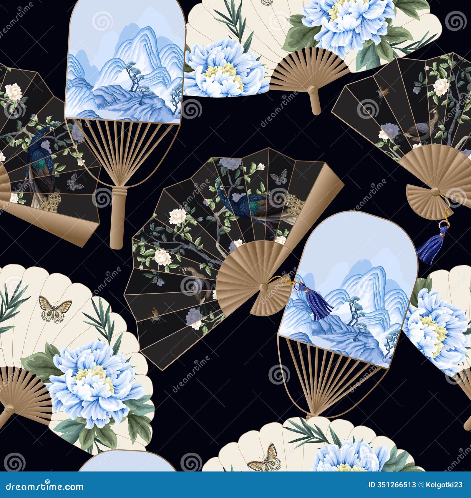 Seamless Pattern with Fans with Chinese Mountanes, Peonies and Birds ...