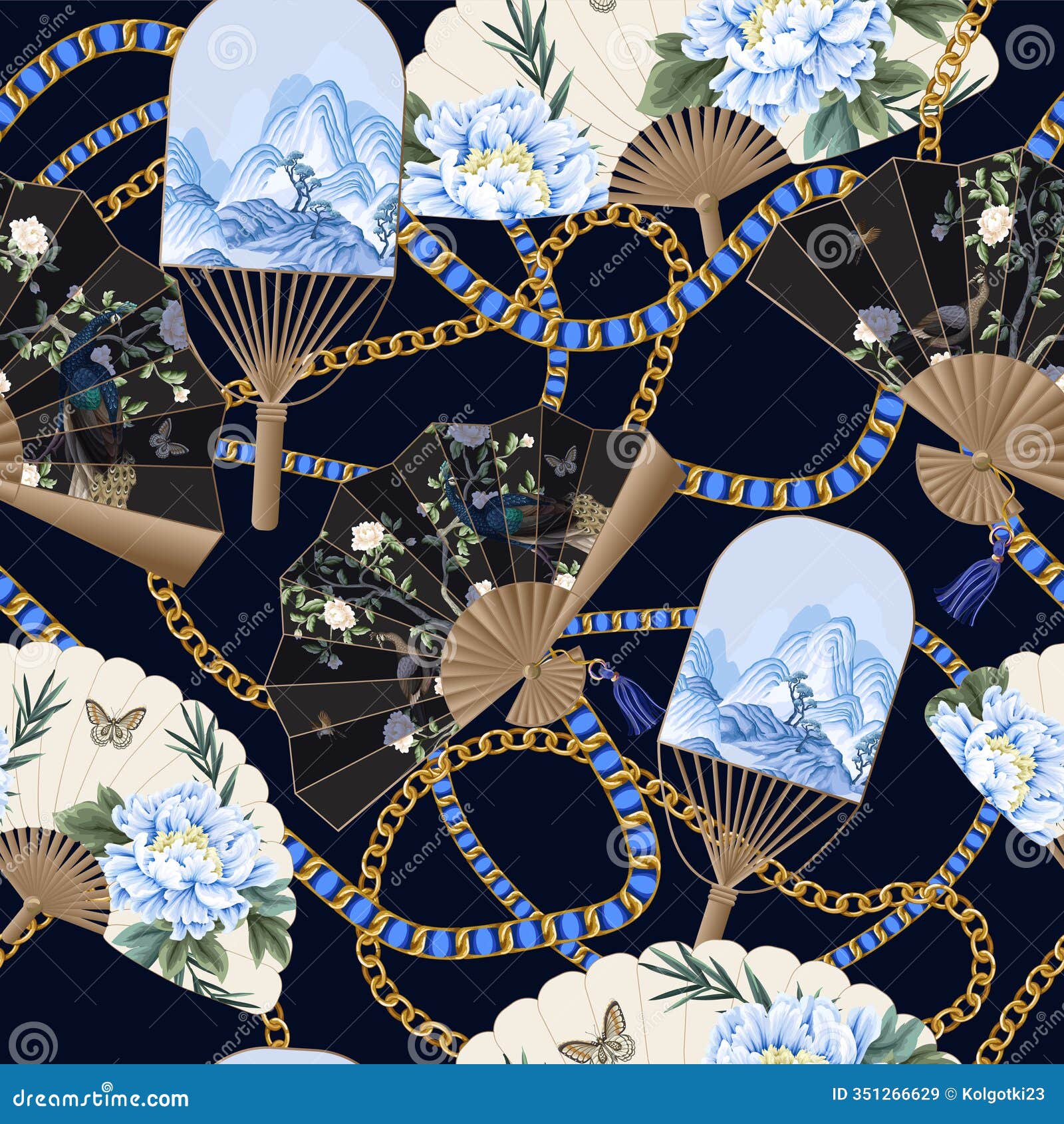 Seamless Pattern with Fans with Chinese Mountanes, Peonies and Birds ...
