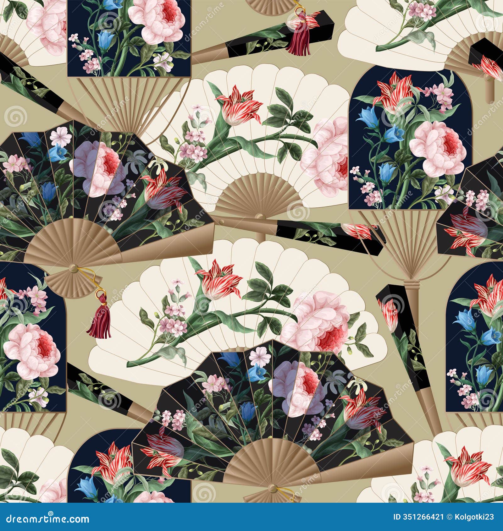 Seamless Pattern with Fans with Vintage Victorian Flowers. Vector Stock ...