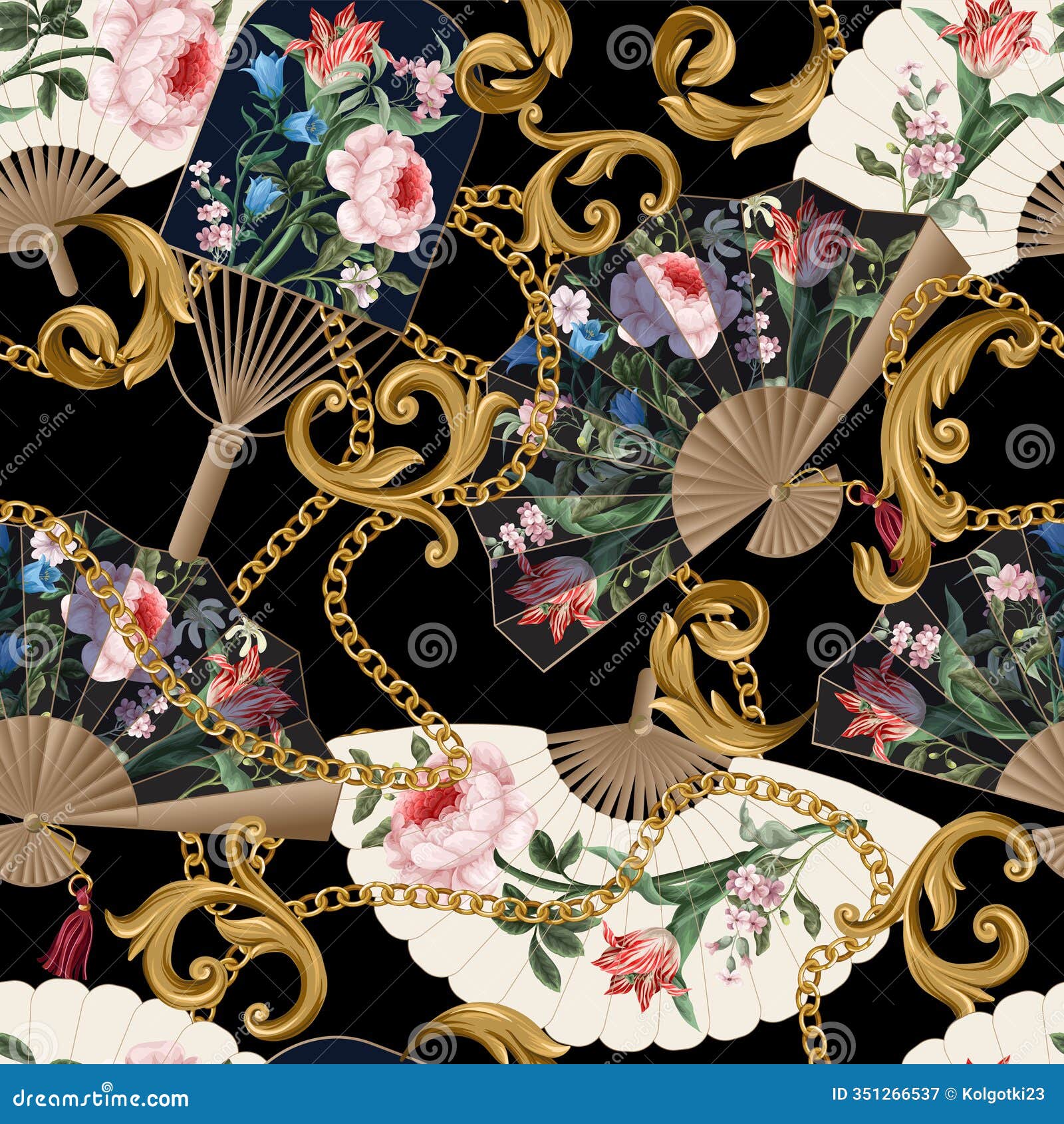 Seamless Pattern with Fans with Vintage Victorian Flowers. Vector Stock ...