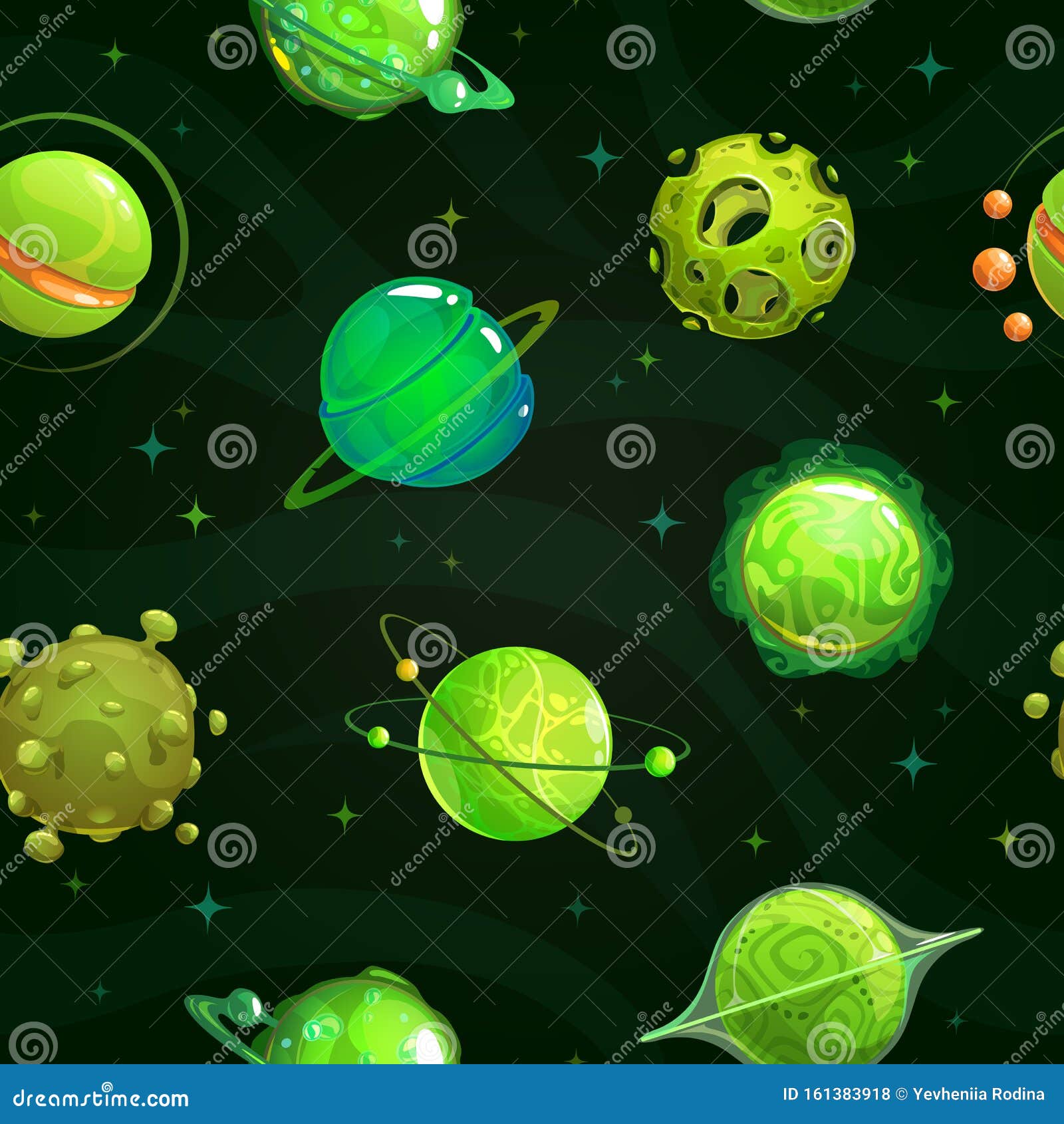 Seamless Pattern with Fantasy Green Planets on Space Baclground. Stock ...