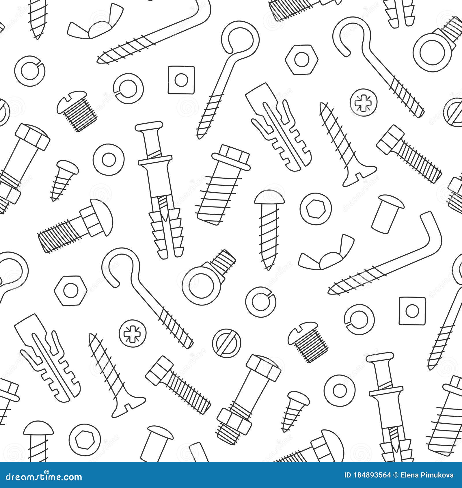Seamless Pattern of Fasteners. Bolts, Screws, Nuts, Dowels and Rivets ...