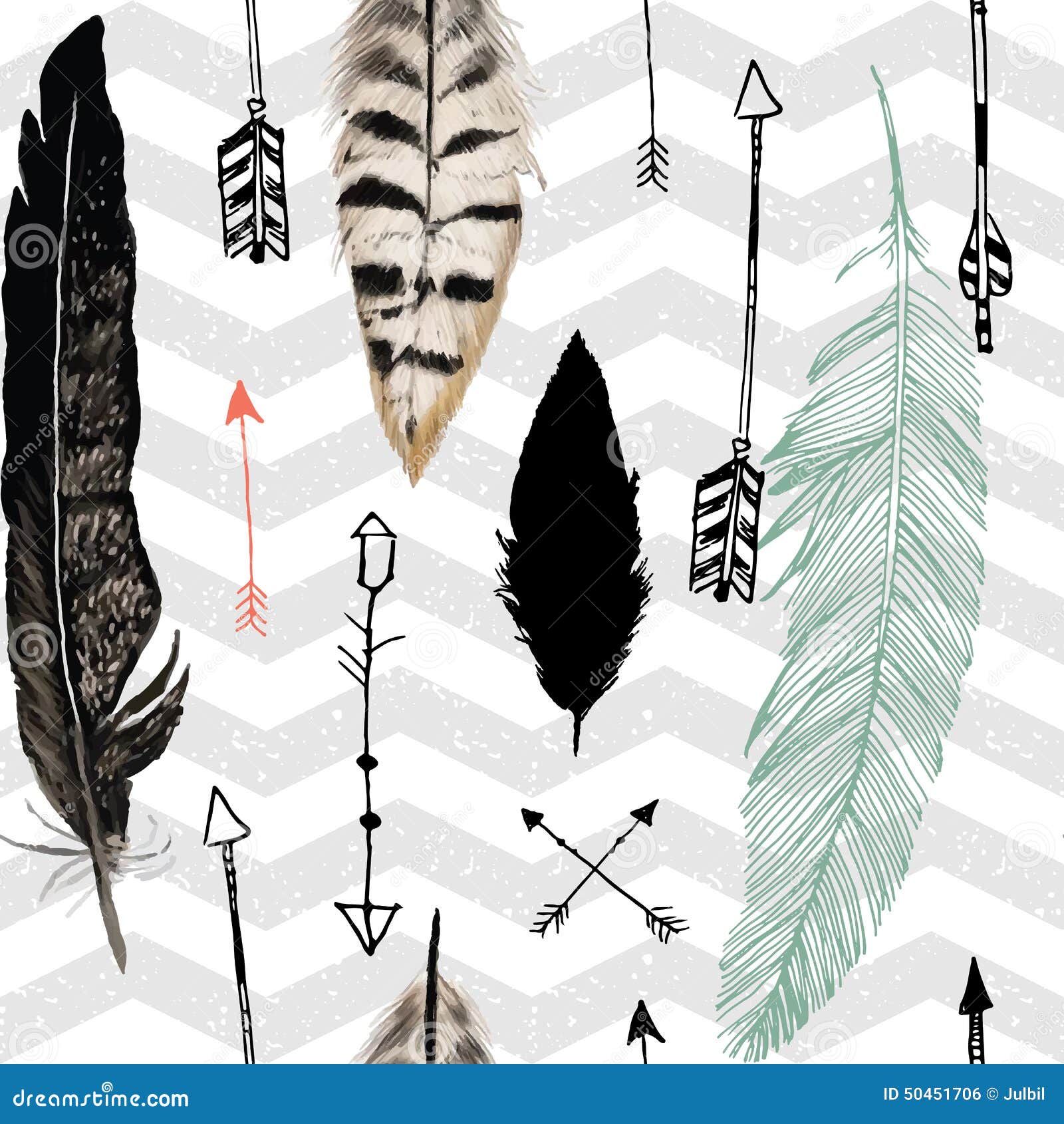 Seamless Pattern with Feather and Arrows. Chevron Stock Vector ...
