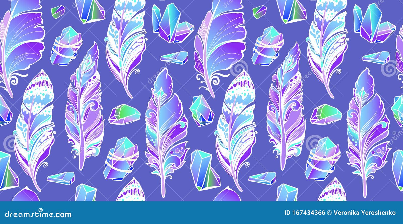 Seamless Pattern with Feather and Colorful Crystals Gems. Vector ...