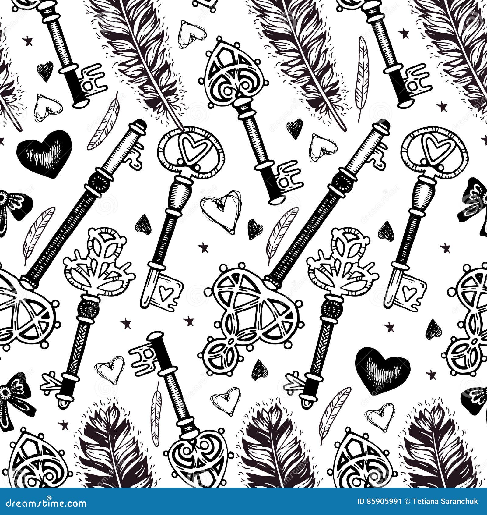 Seamless Pattern with Feathers and Keys. Stock Vector - Illustration of ...
