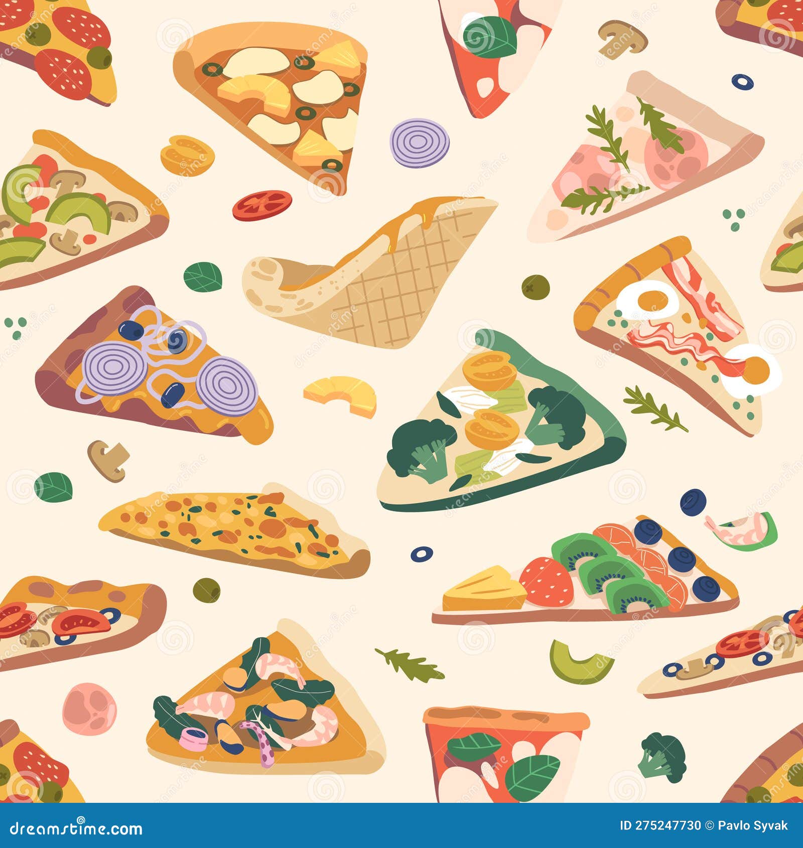 Seamless Pattern Features an Array of Colorful Pizza Slices Set on ...
