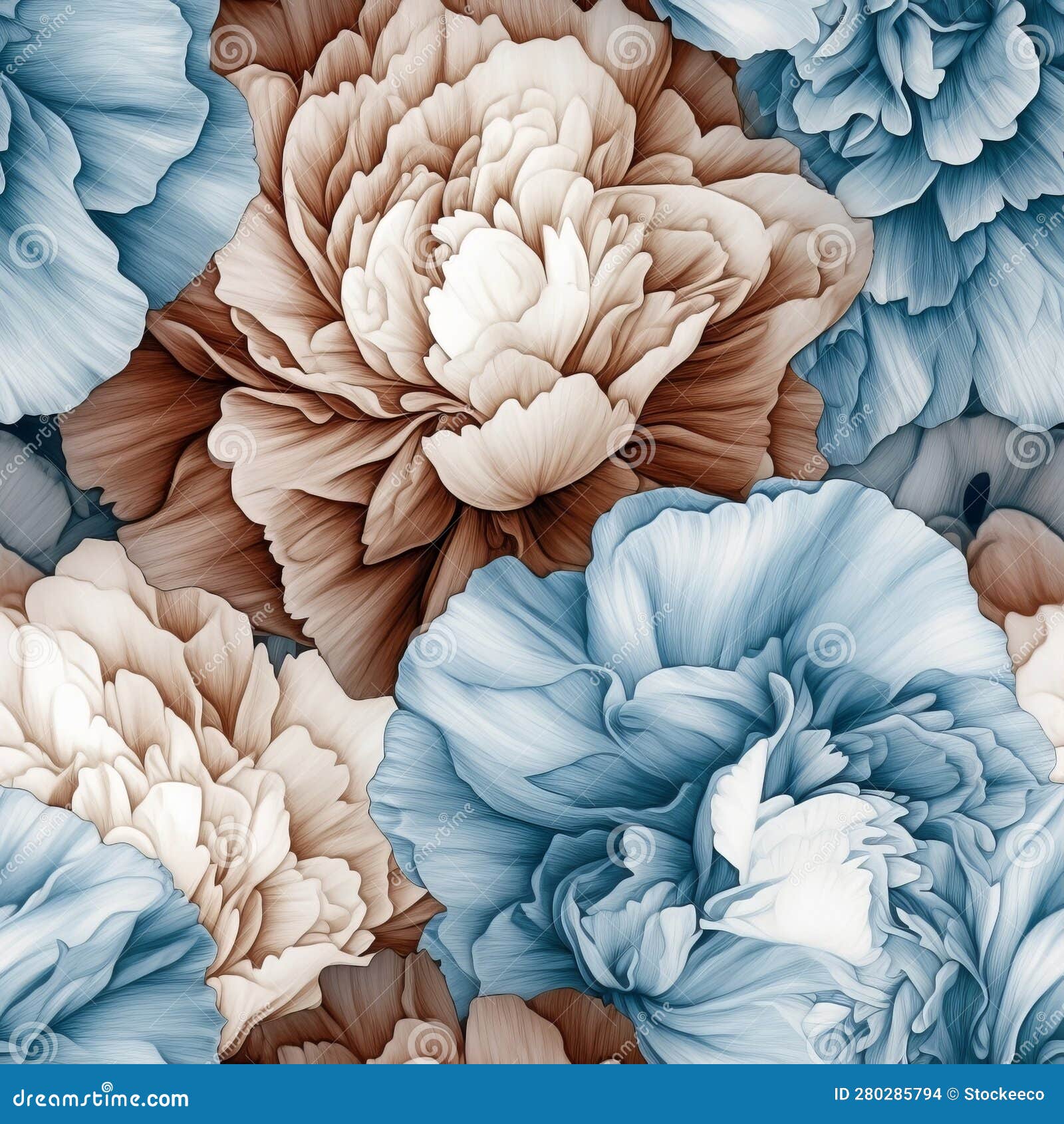 Blue and Brown Peony Flower Tulle Seamless Pattern Illustration Stock ...