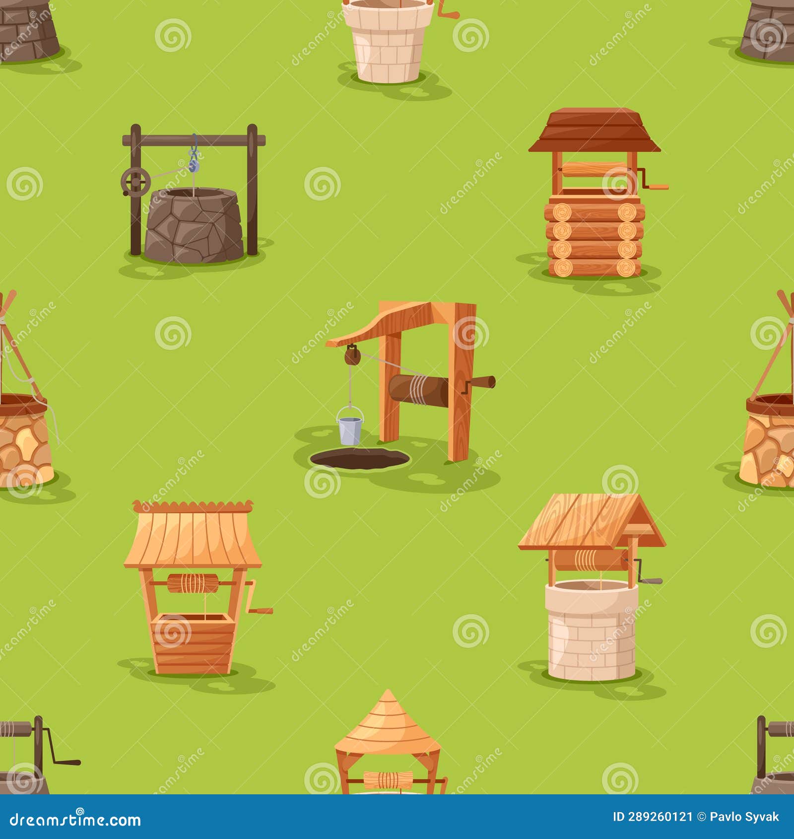 Seamless Pattern Featuring Charming Water Well Motifs, Creating a ...