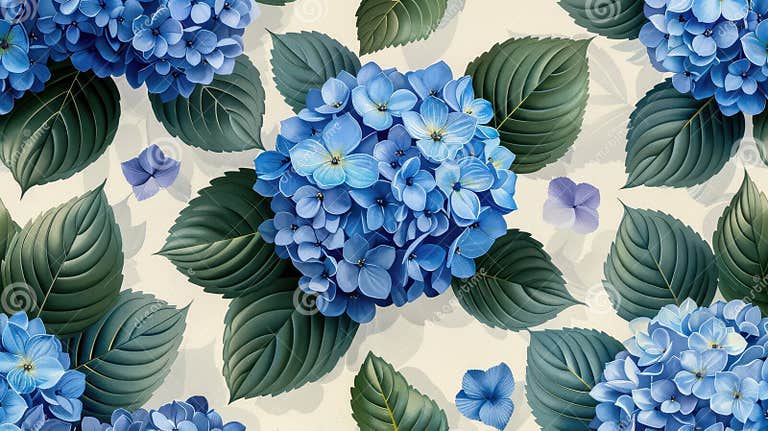 Blue Hydrangea Floral Pattern with Vibrant Leaves on a Light Background ...