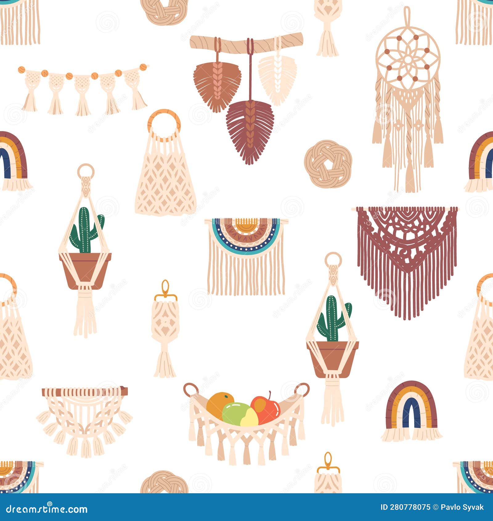 Seamless Pattern Featuring Collection of Macrame Items. Tile Background ...