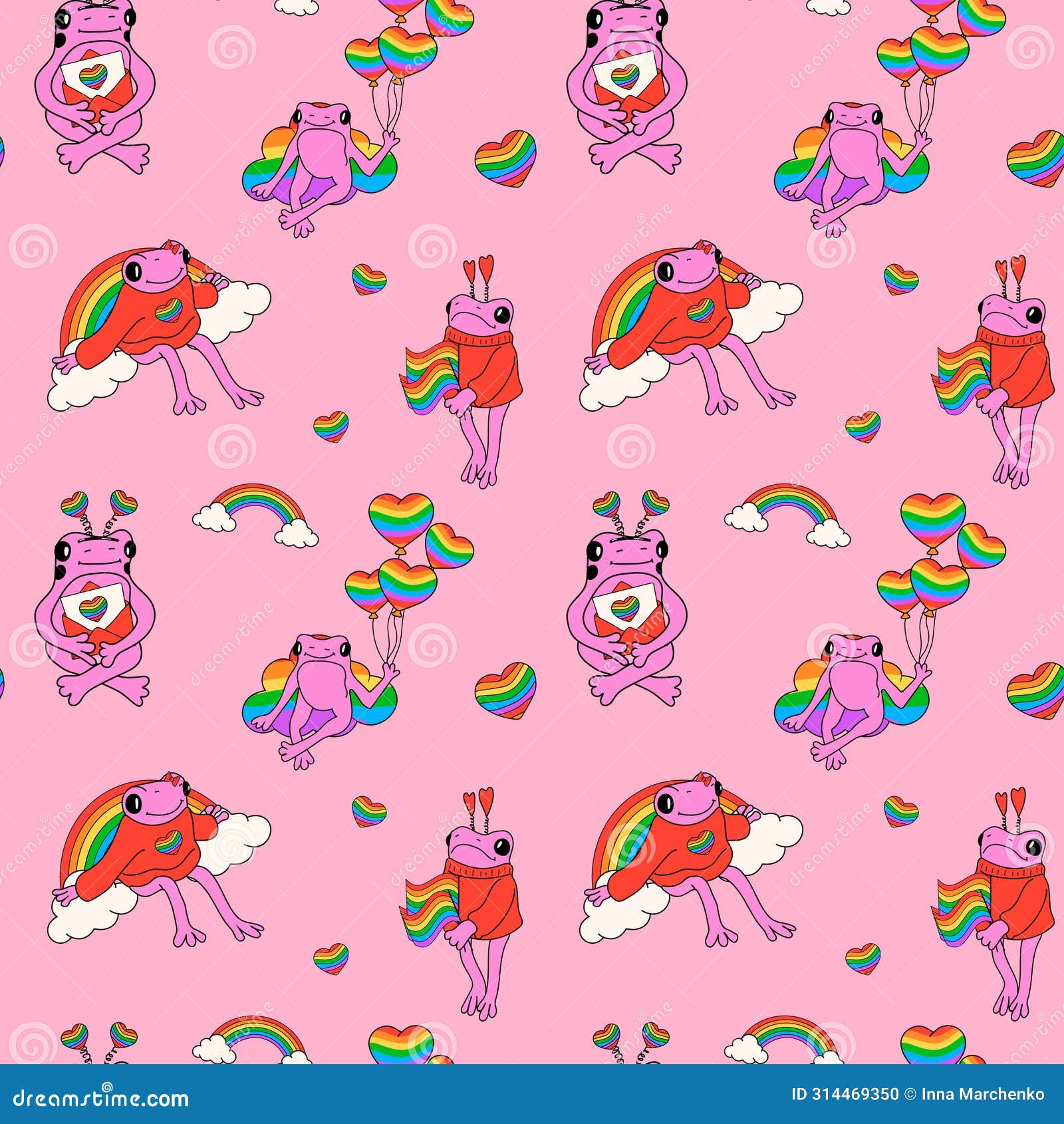 Seamless Pattern Featuring Cute Frogs with Symbols in Rainbow Colors ...