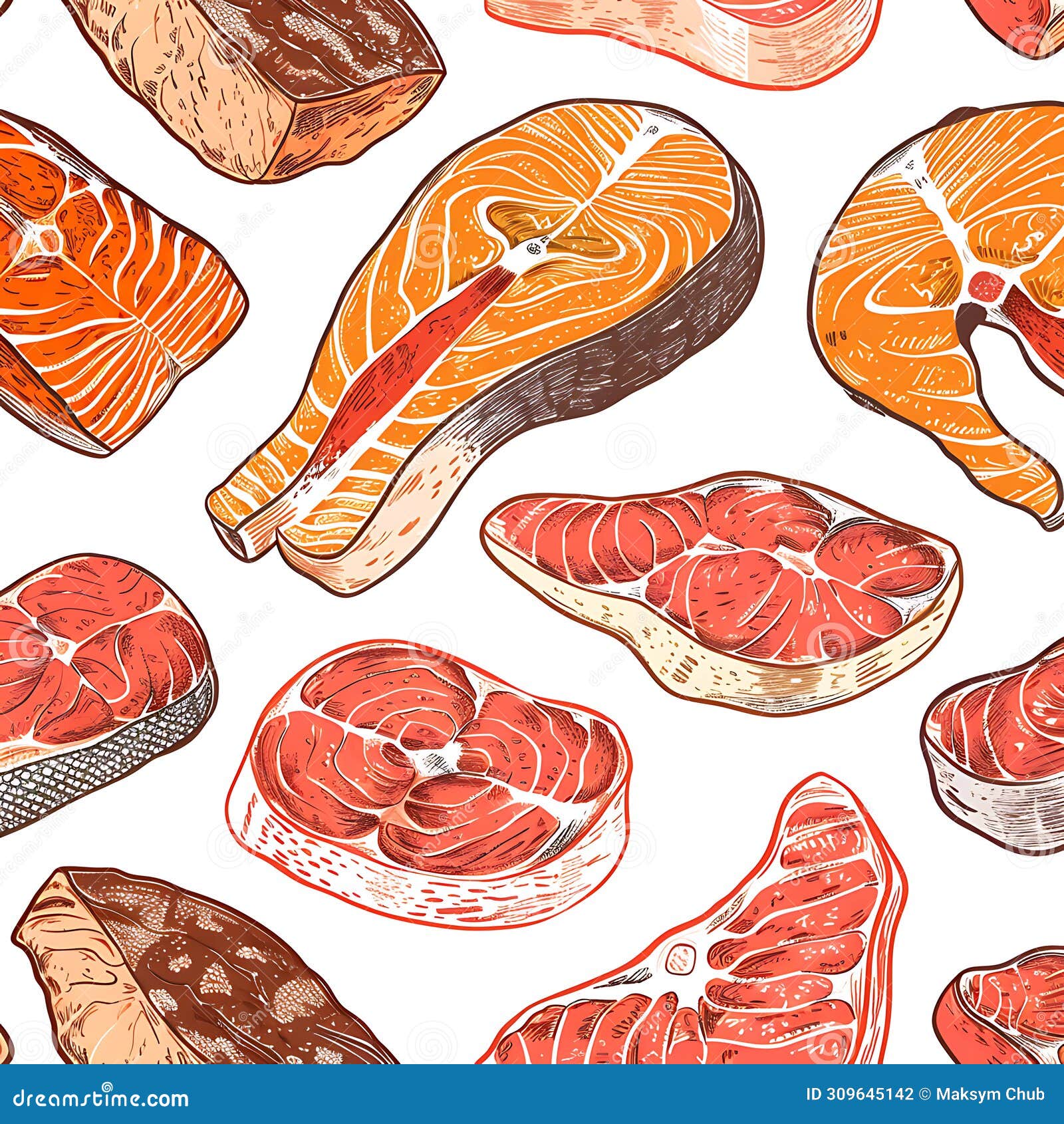Hand-Drawn Assorted Fish Steaks and Fillets Pattern Stock Photo - Image ...