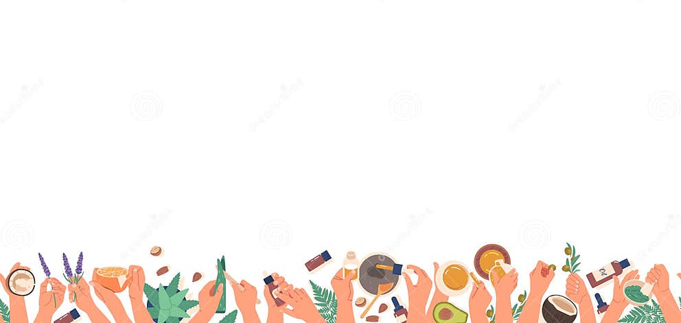 Seamless Pattern Featuring Hands Crafting Natural Oils. Horizontal ...