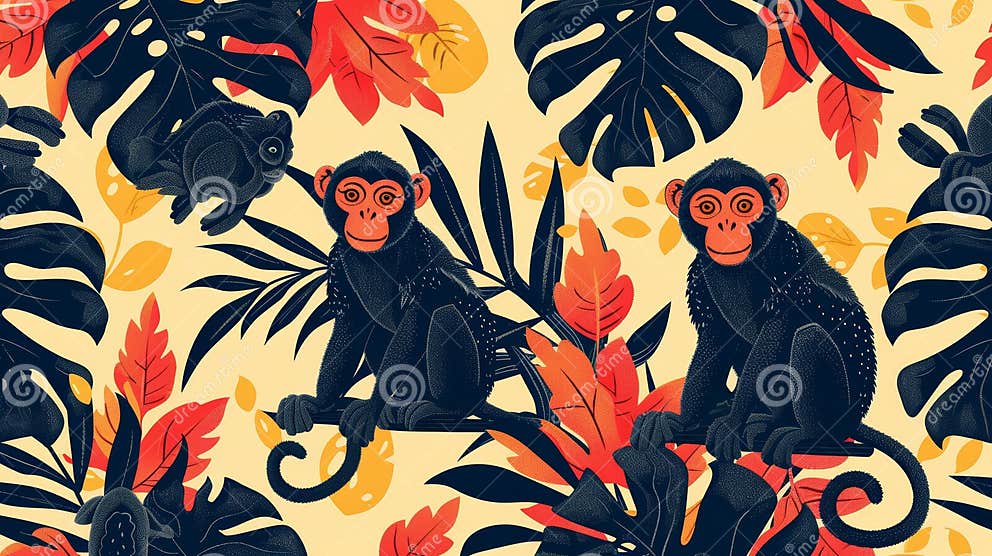 A Seamless Pattern Featuring Monkeys and Tropical Leaves on a Yellow ...