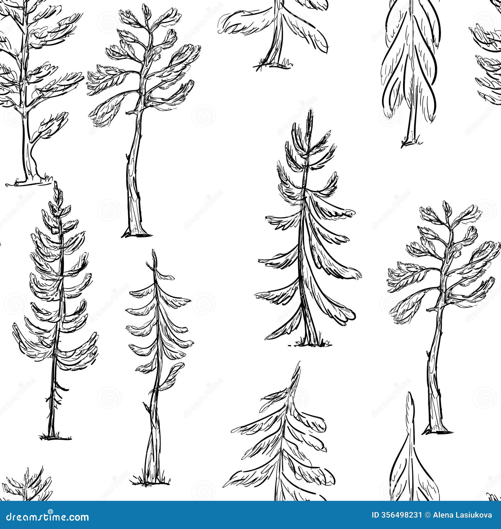 A Seamless Pattern Featuring Outline Sketch Spruce and Pine Trees ...
