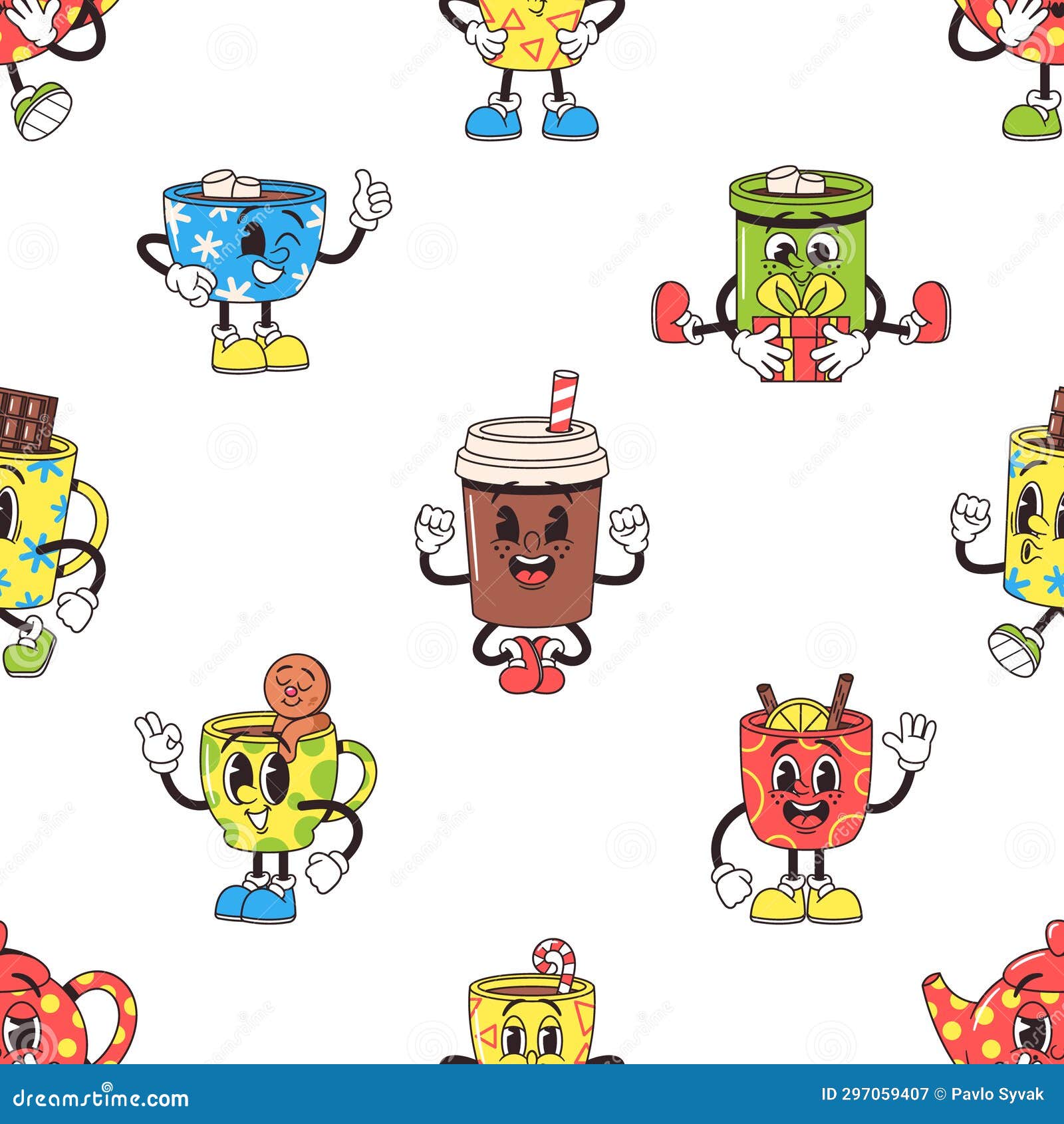 Seamless Pattern Featuring Retro Cartoon Mug Characters in Various ...