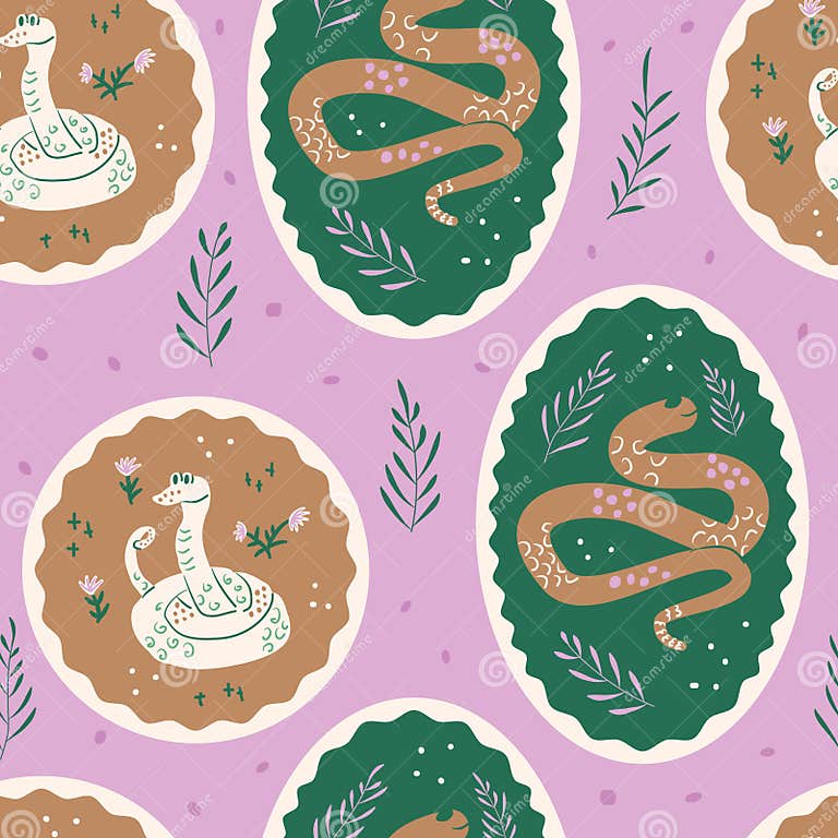 Seamless Pattern Featuring Stylized Snakes in Circular and Oval Frames ...