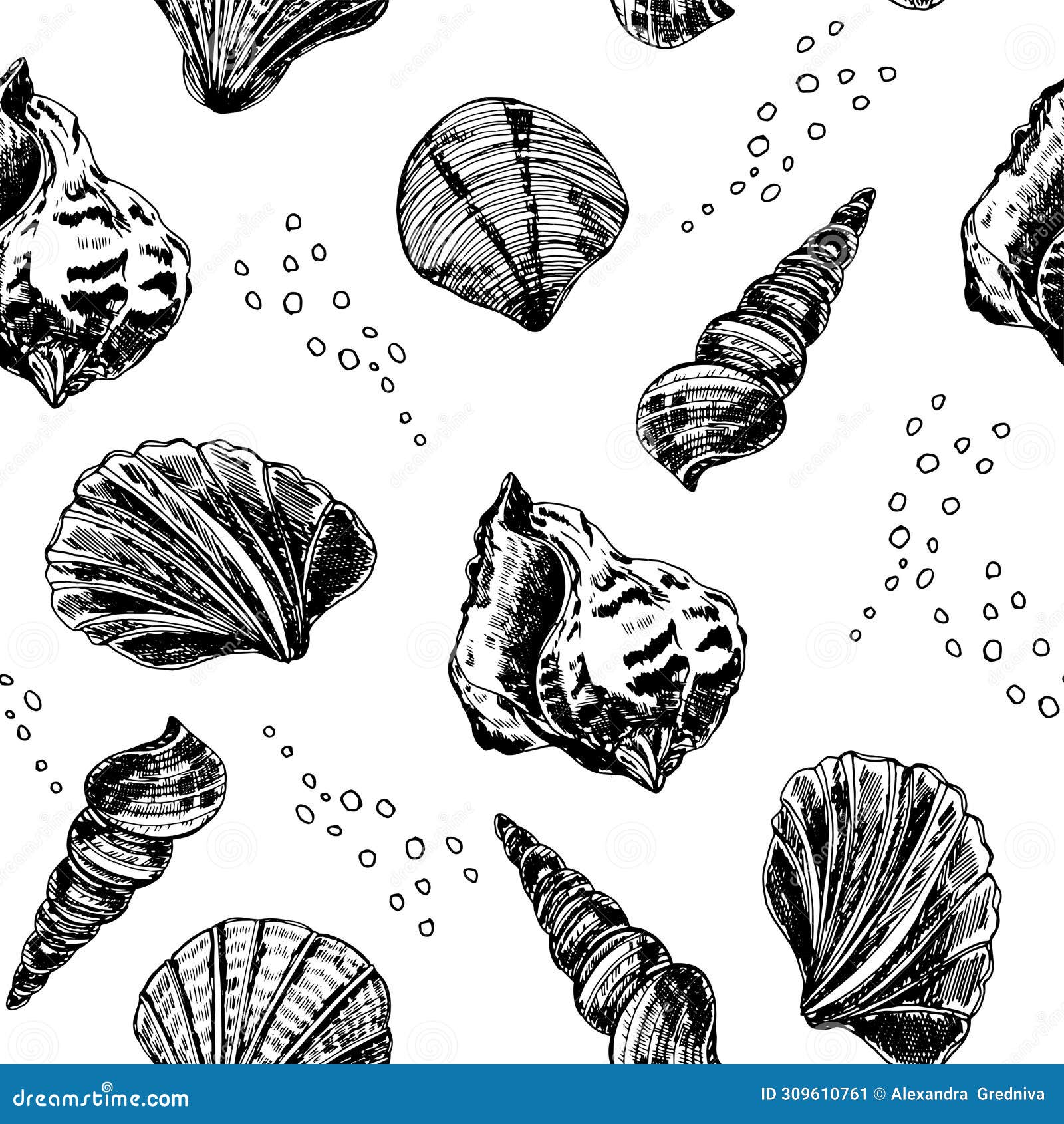 A Seamless Pattern Featuring a Variety of Detailed Shell Illustrations ...