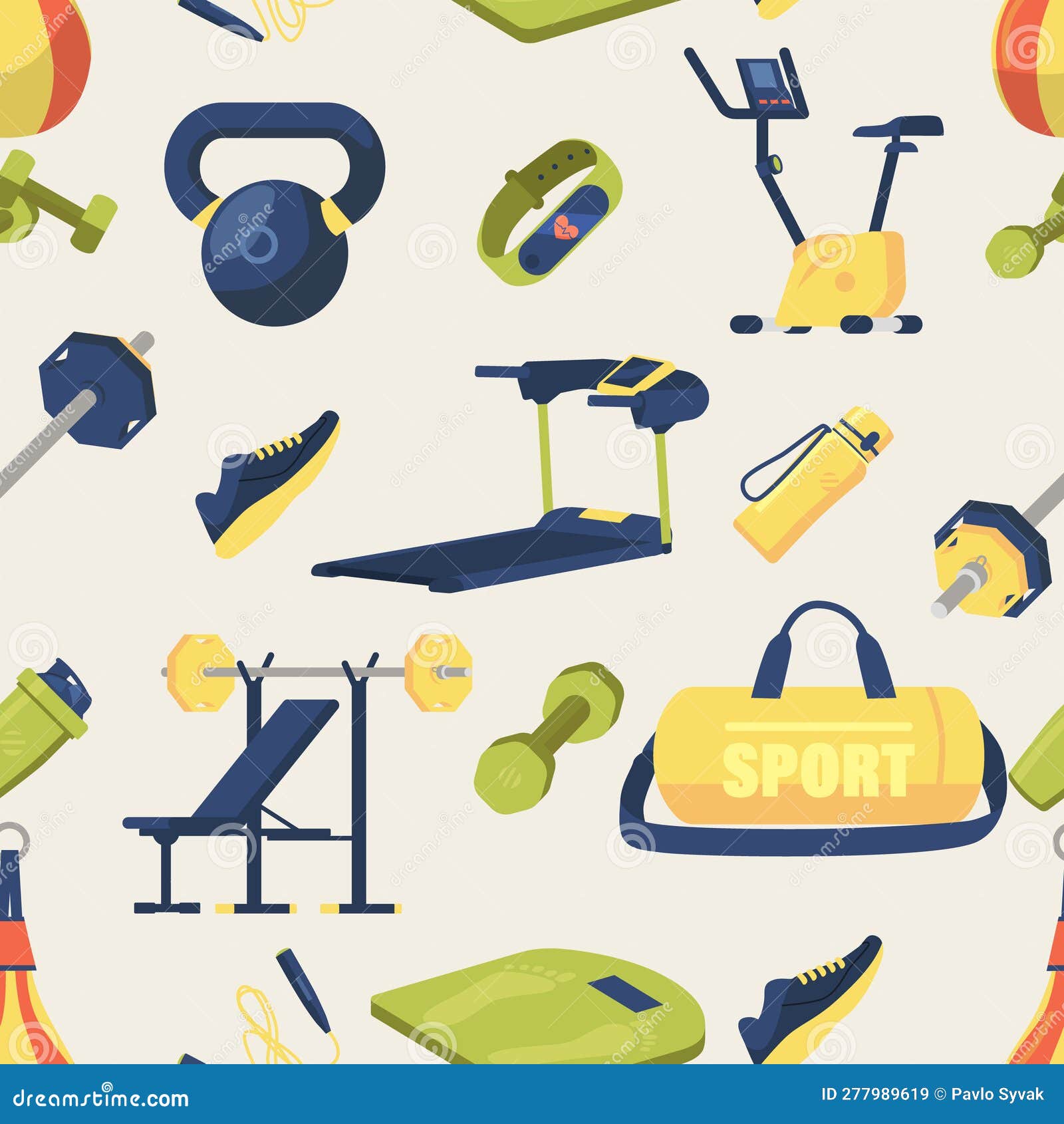 Seamless Pattern Featuring Various Gym Equipment Such As Weights ...