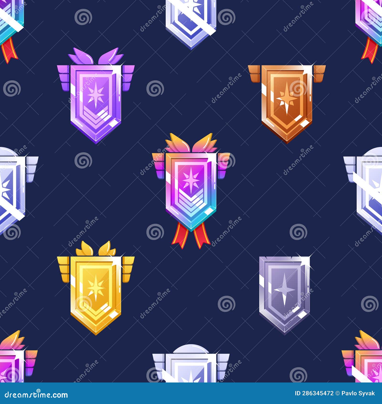 Seamless Pattern Featuring Various Rank Badges and Trophy Shields ...