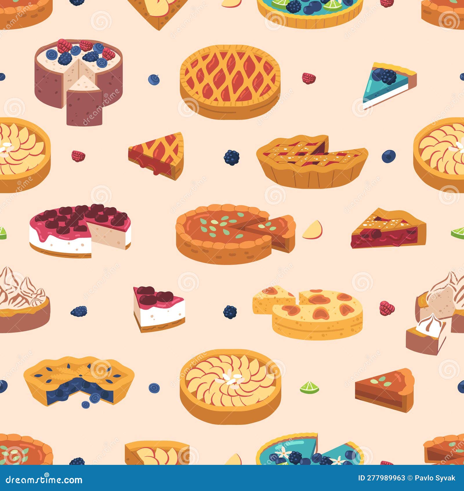 Seamless Pattern Featuring Various Types of Pies and Cut Out Pieces in ...