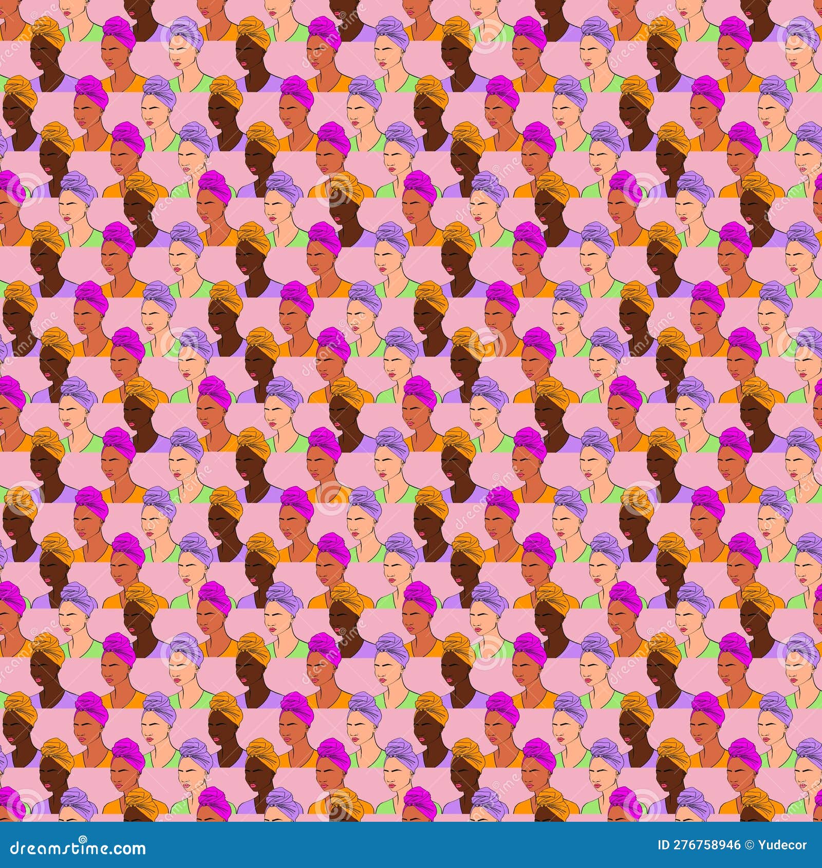 Seamless Pattern Of Female Diverse Faces With Different Color Hand