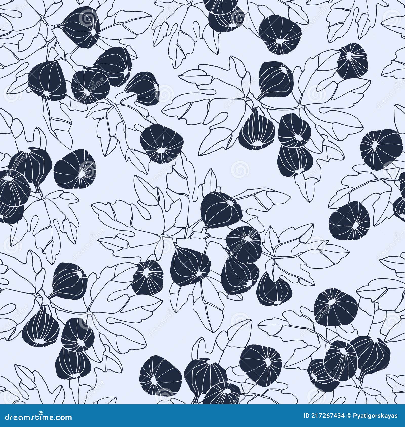 Seamless Pattern. Fig Tree Branches with Fruit. Outlined Vector ...