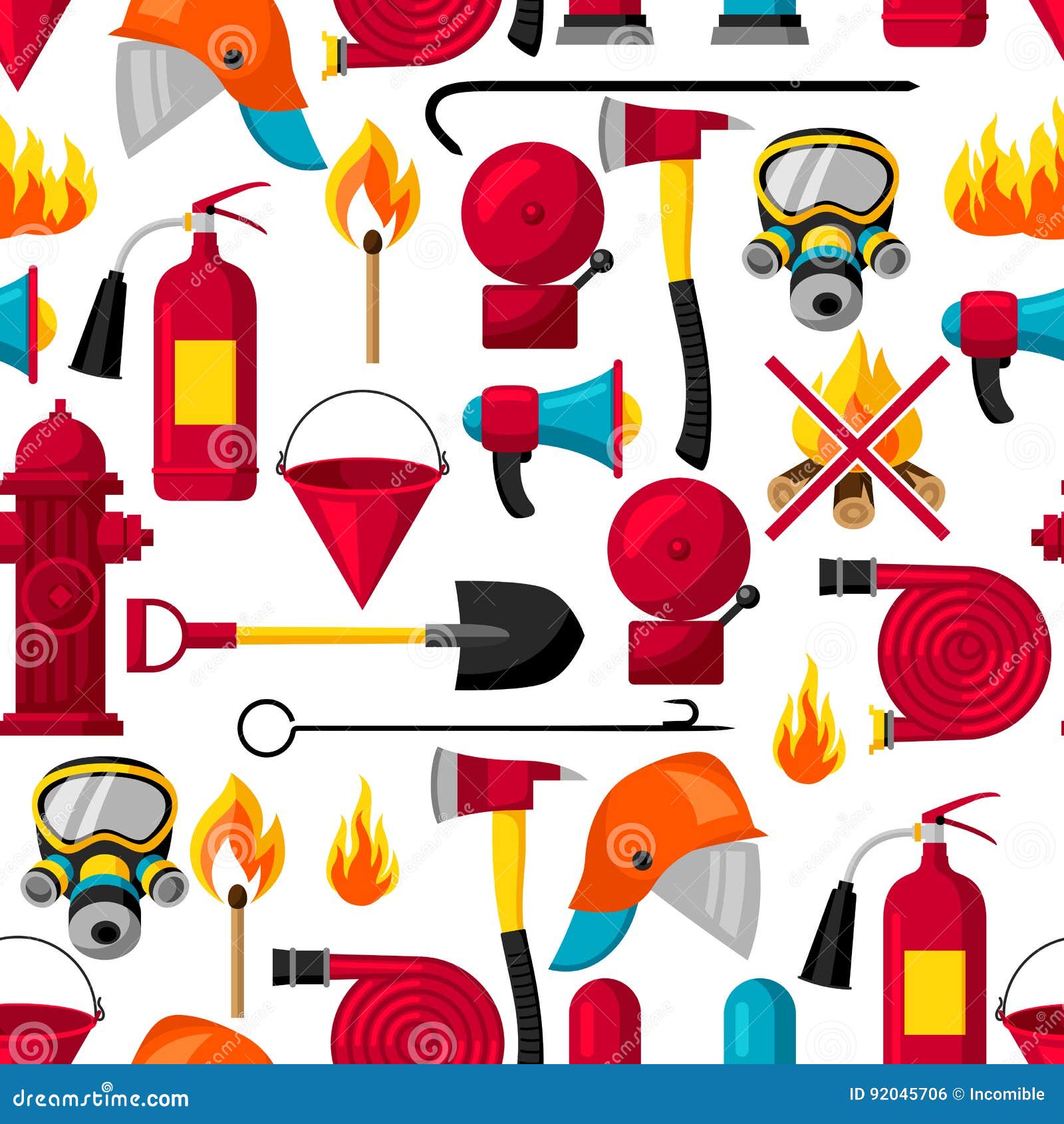 Seamless Pattern with Firefighting Items. Fire Protection Equipment ...