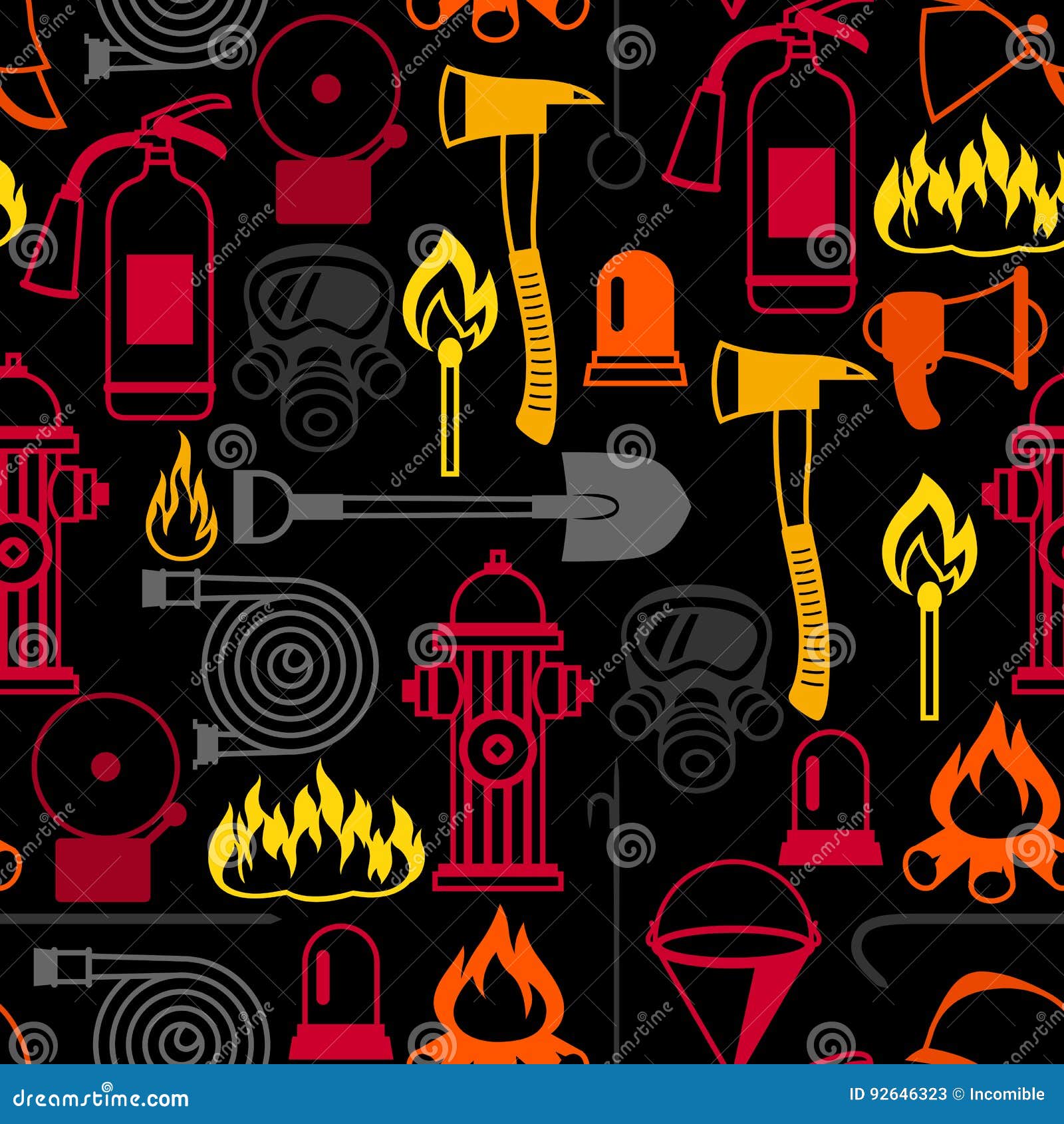 Seamless Pattern with Firefighting Items. Fire Protection Equipment ...