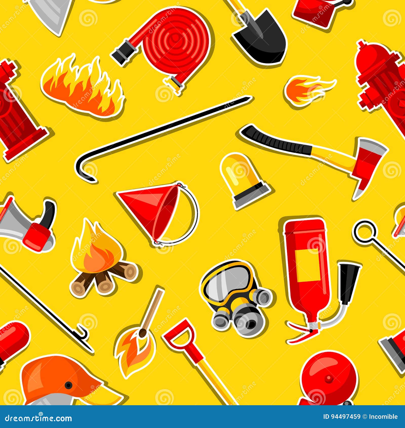 Seamless Pattern With Firefighting Stickers. Fire Protection Equipment ...