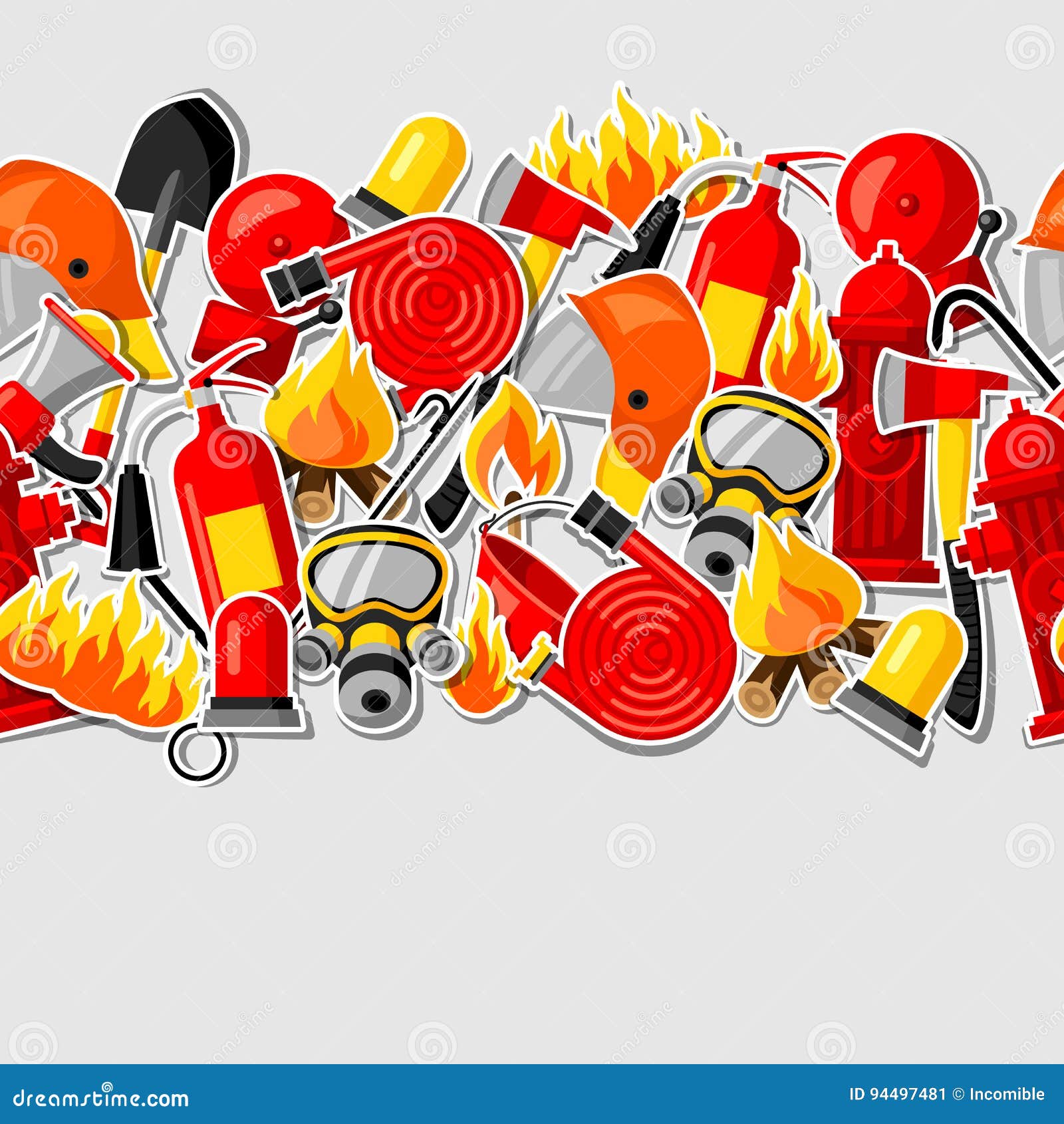 Seamless Pattern with Firefighting Stickers. Fire Protection Equipment ...