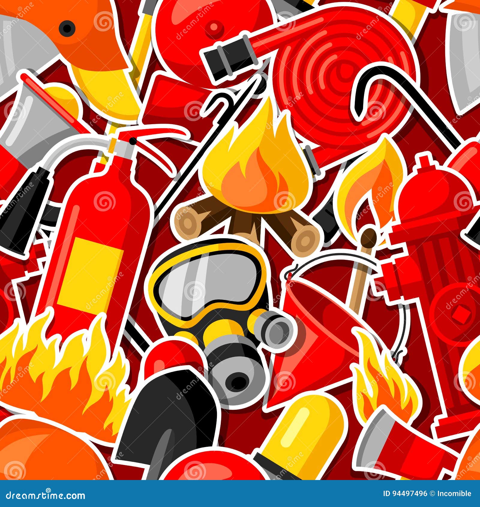 Seamless Pattern with Firefighting Stickers. Fire Protection Equipment ...