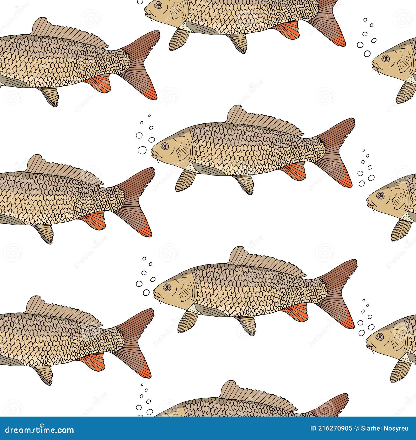 Seamless Pattern of Fish Carp with Bubbles, Hand Drawn. Can Be Used for ...